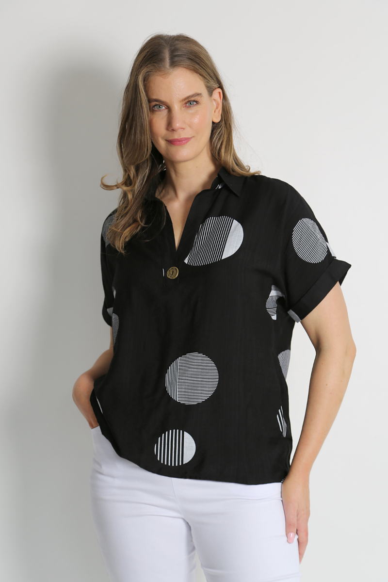 ELEA Black Circle Print Top With Button Detail – Warwick Jones
